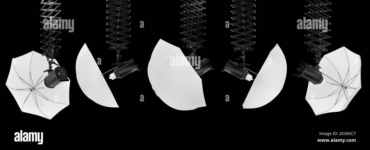 Photography studio flash on ceiling pantograph with umbrella isolated ...