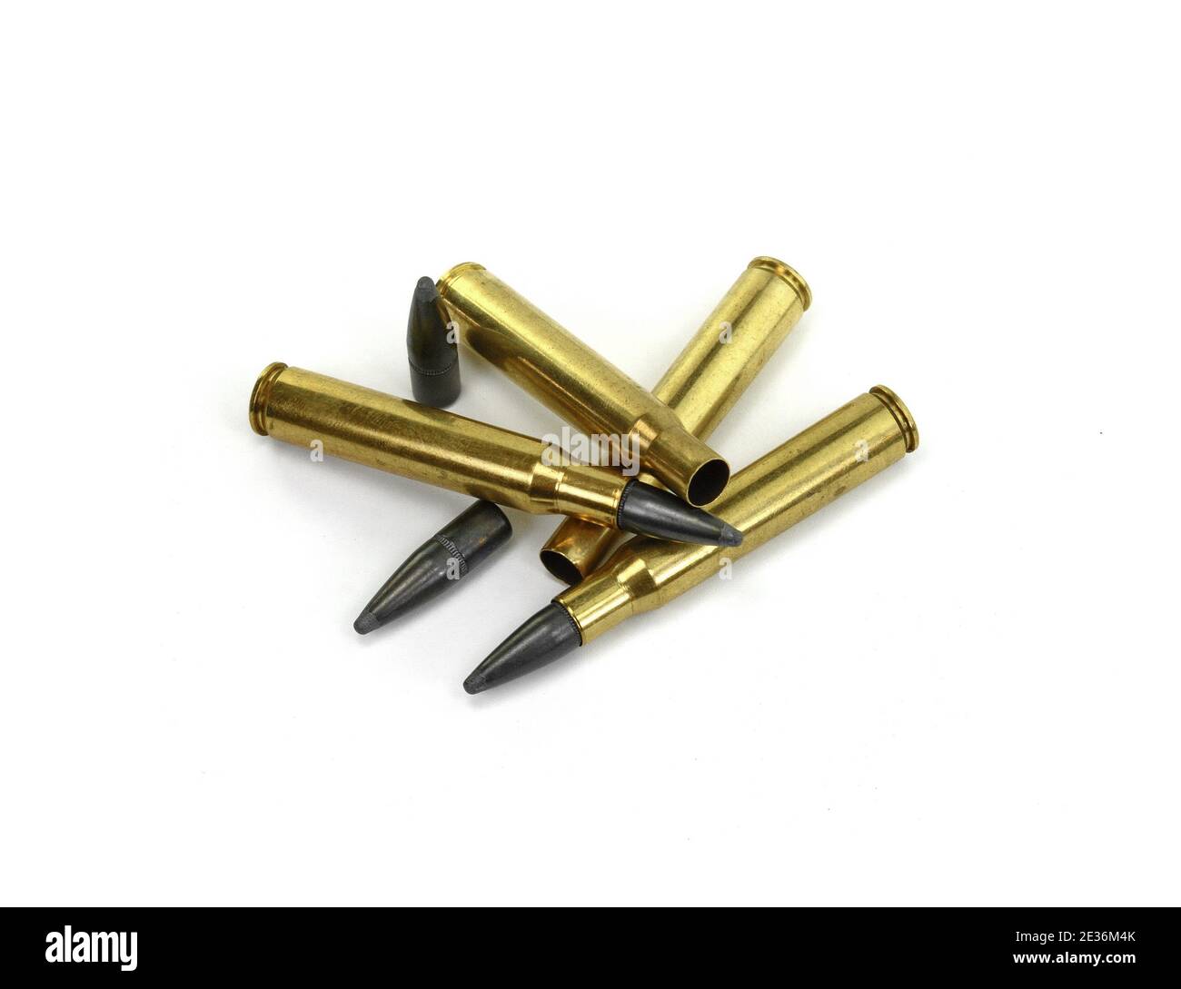 A rifle bullet, empty shell, gunpowder on white background. Hunting ...