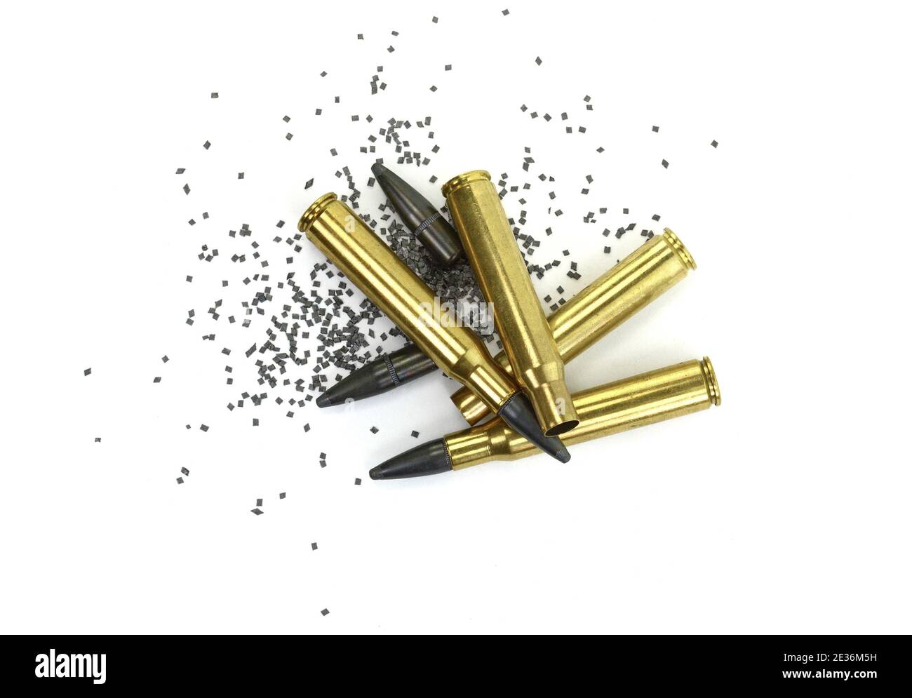 A rifle bullet, empty shell, gunpowder on white background. Hunting ...