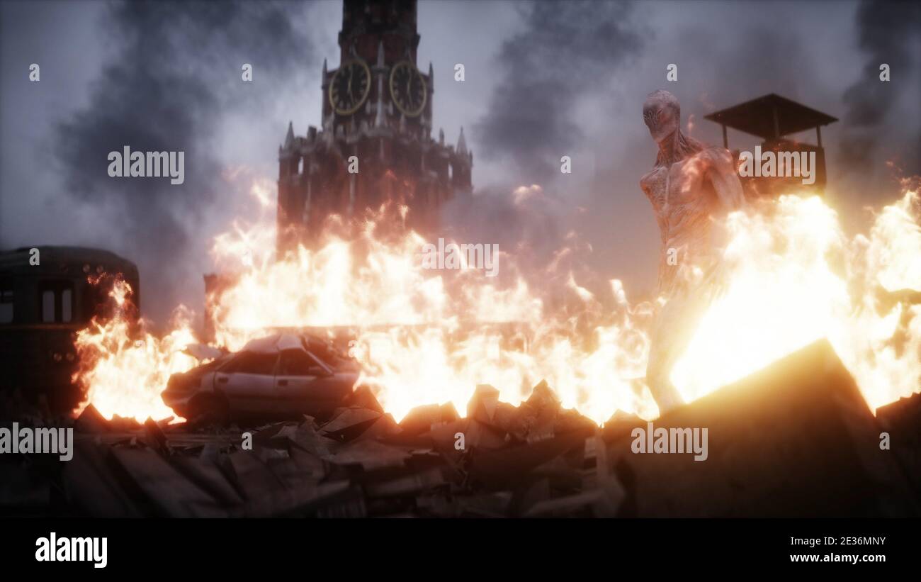 Alien, monster in a burning ruined apocalyptic city. Armageddon Moscow ...