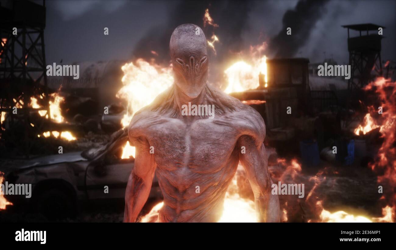 Alien, monster in a burning ruined apocalyptic city. Armageddon view ...