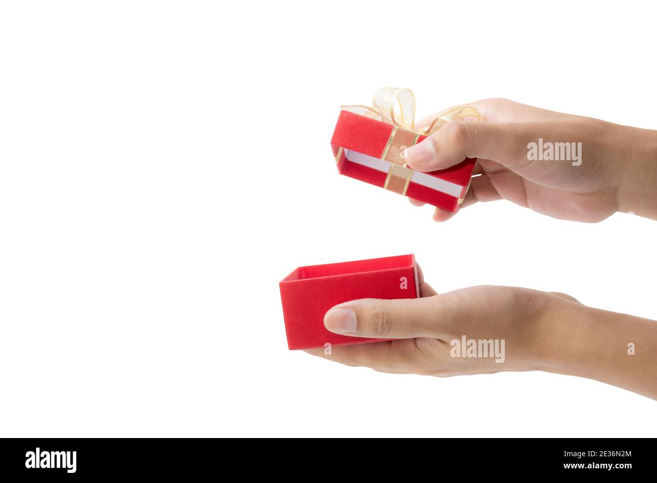 Hand open red gift box with lid isolated on white background, hand ...