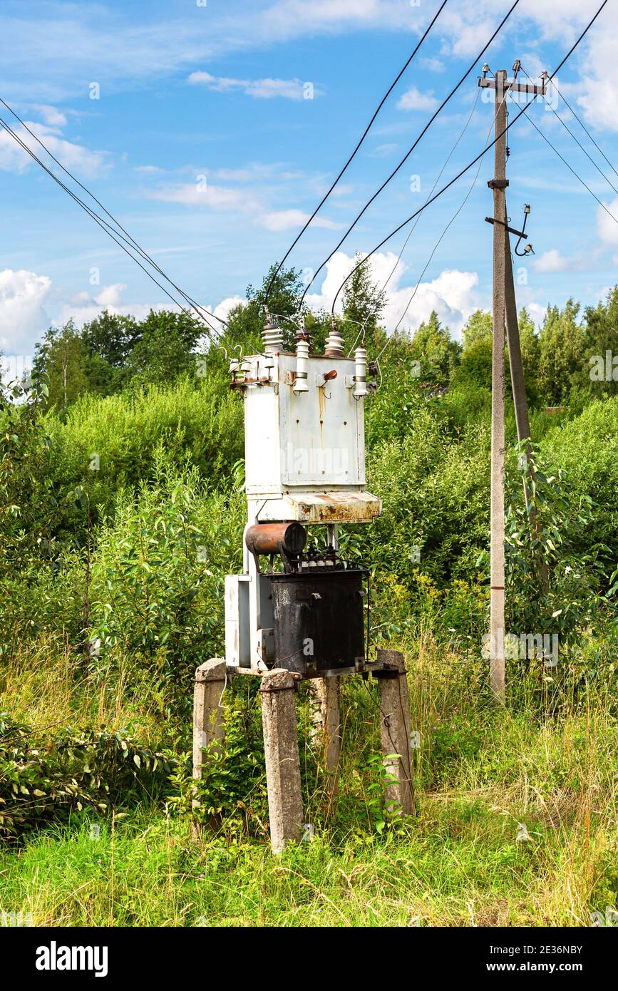 Old voltage power transformer substation at the countryside Stock Photo ...