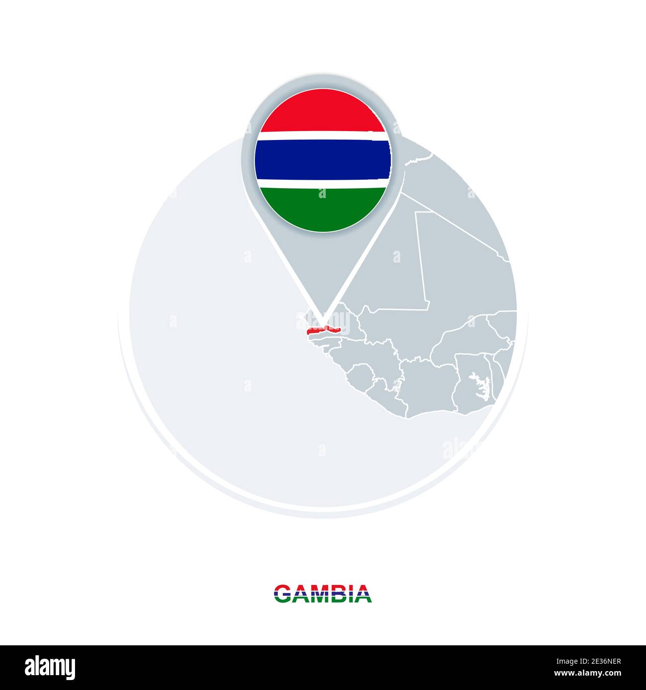Gambia map and flag, vector map icon with highlighted Gambia Stock ...