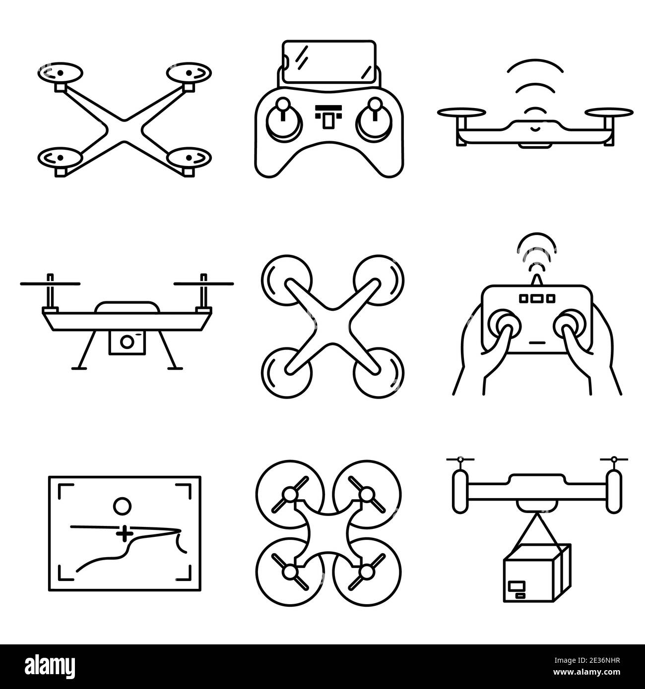 Drone icons set. Flat pictogram for web. Line stroke. Isolated on white ...