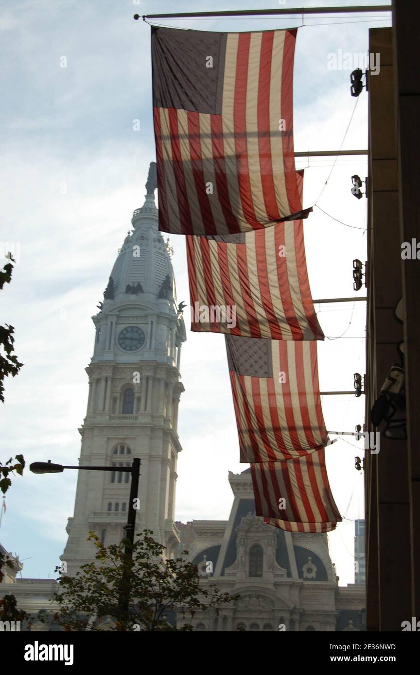 Philadelphia USA America flags flag City Hall view views outside lights ...