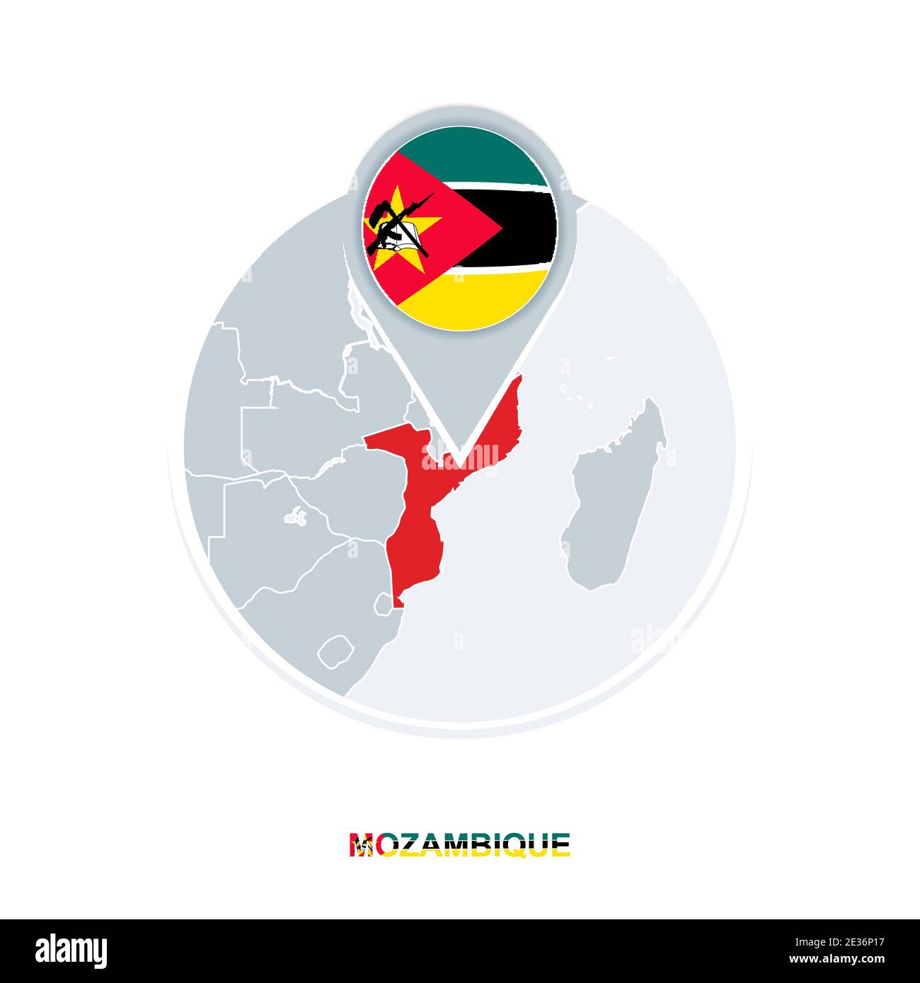 Mozambique map and flag, vector map icon with highlighted Mozambique ...