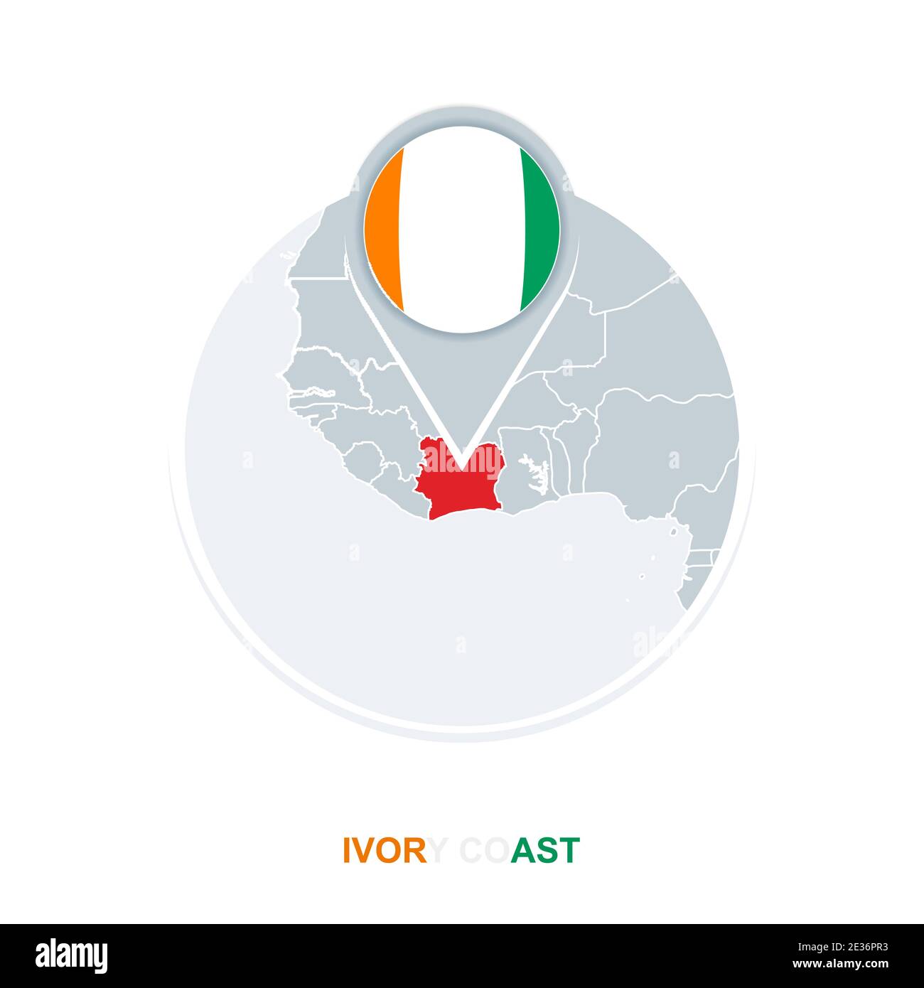 Ivory Coast map and flag, vector map icon with highlighted Ivory Coast ...
