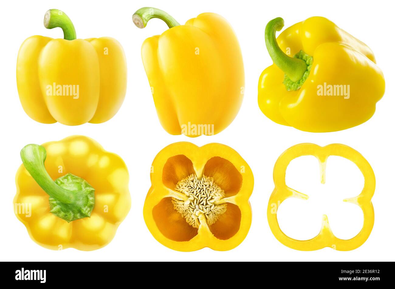 Isolated peppers. Collection of whole and cut yellow bell peppers ...