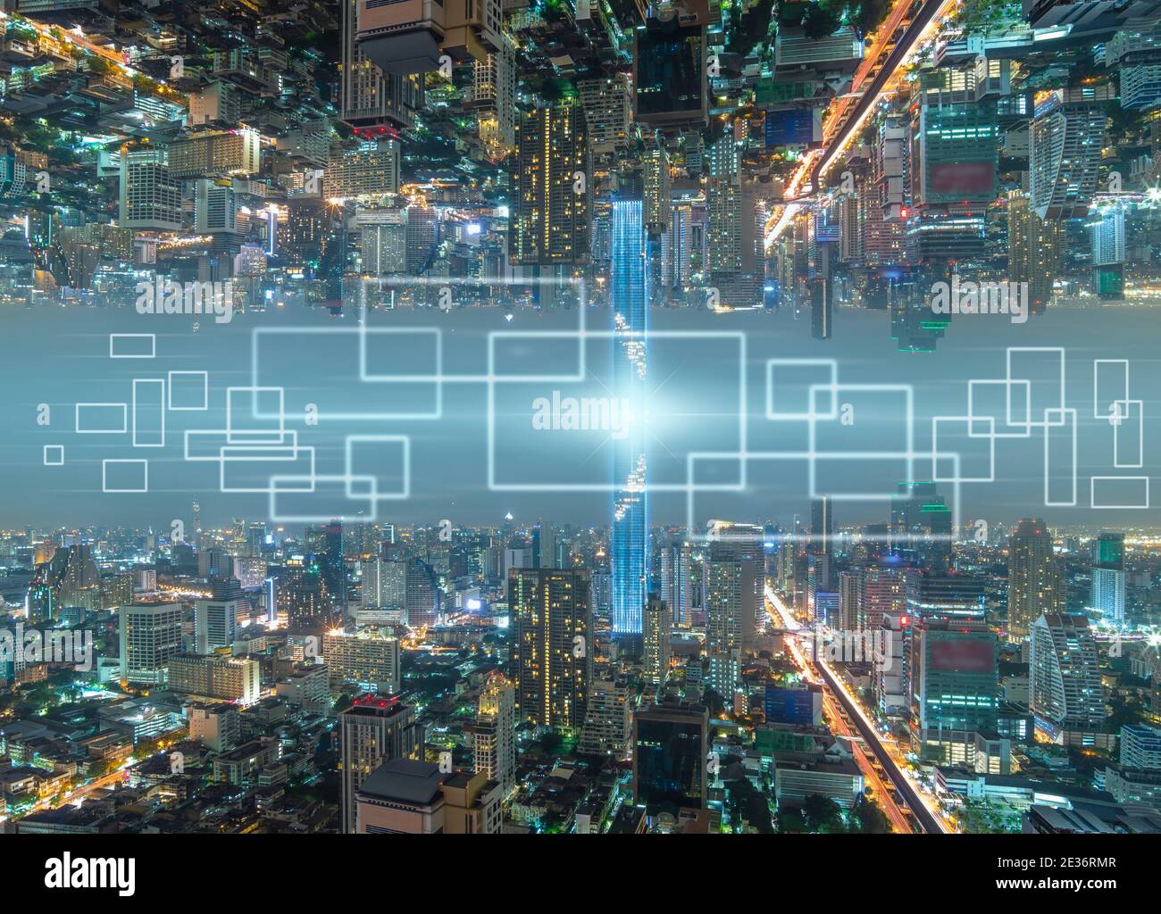 Technology Internet of thing over the Panorama of Bangkok cityscape at ...