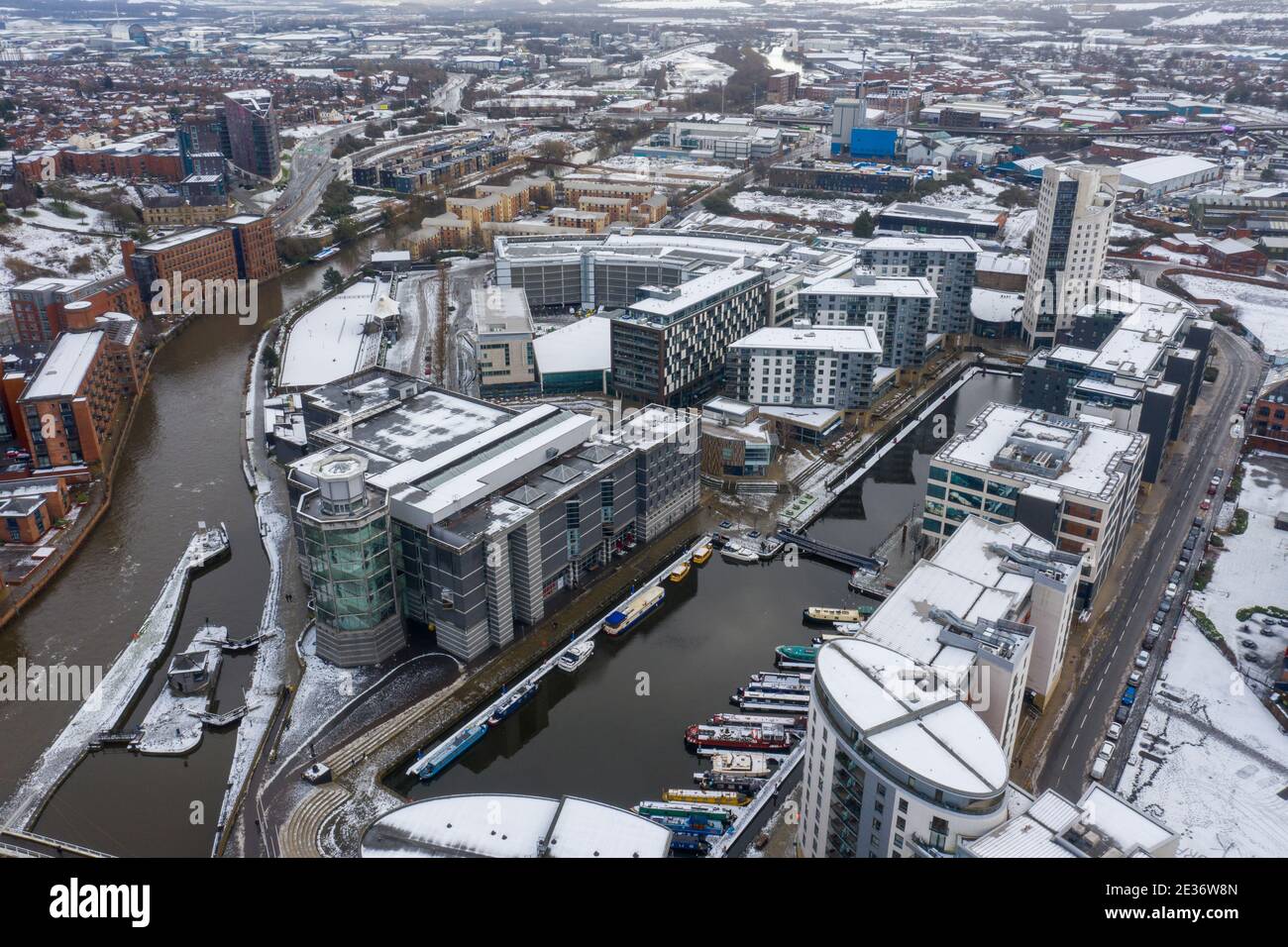 Aerial photo of a snowy winters day in the city of Leeds in the UK ...