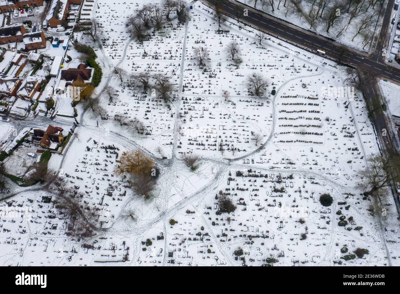 Aerial photo of a snowy day in the city of Leeds in the UK showing a ...