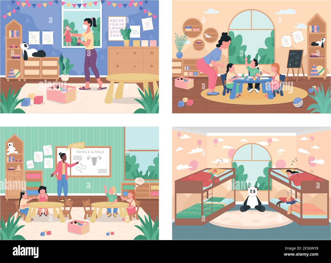 Kindergarten daily routine flat color vector illustration set Stock ...
