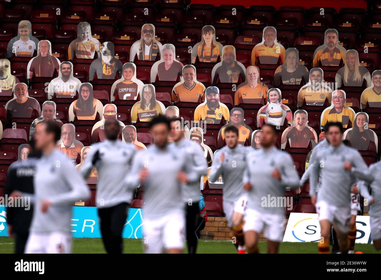 Cardboard cutouts of Motherwell fans in the stands as players warm up ...