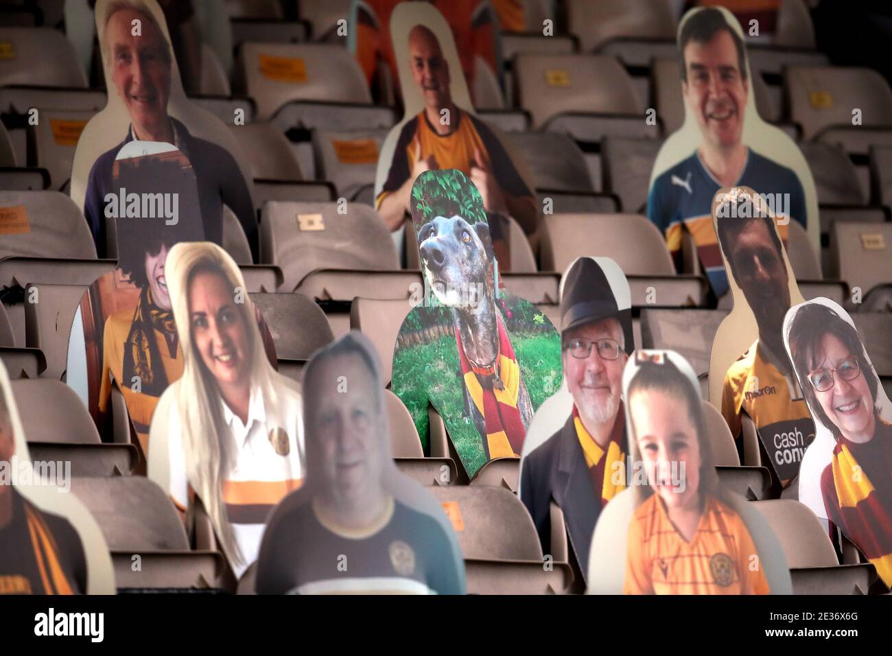 Cardboard cutouts of Motherwell fans in the stands as players warm up ...