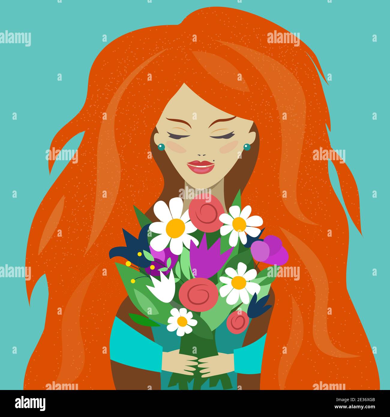 Woman with flowers, illustration for eighth of March. Girl with bouquet ...