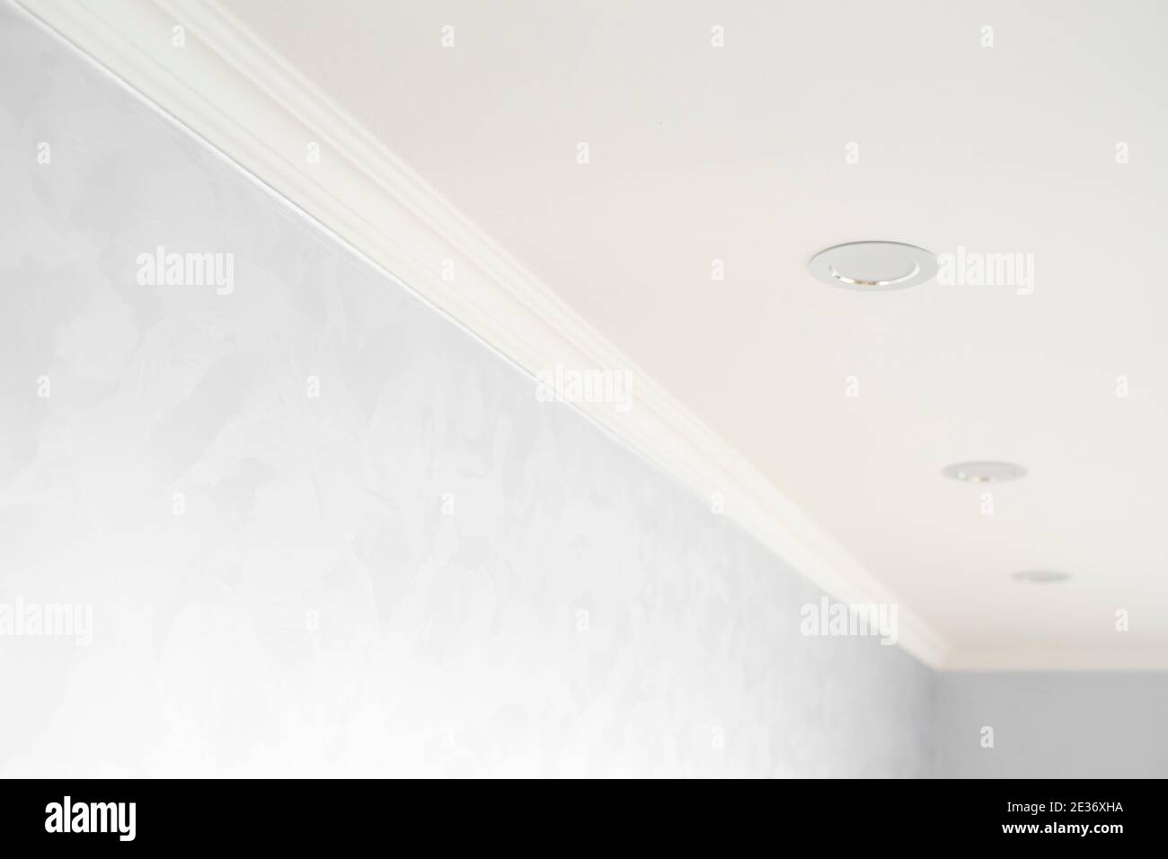 White ceiling with a white plinth in a room with gray painted walls ...