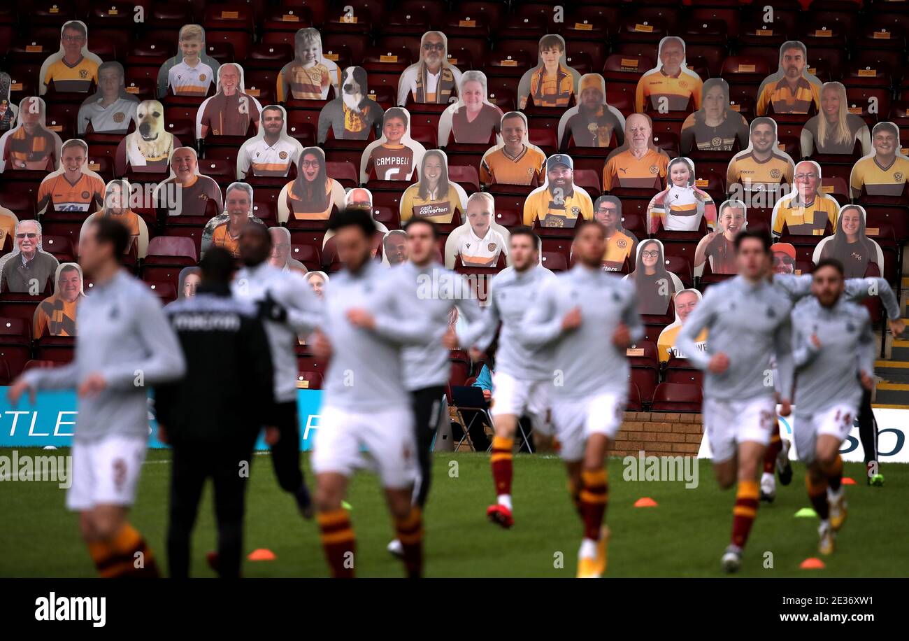Cardboard cutouts of Motherwell fans in the stands as players warm up ...