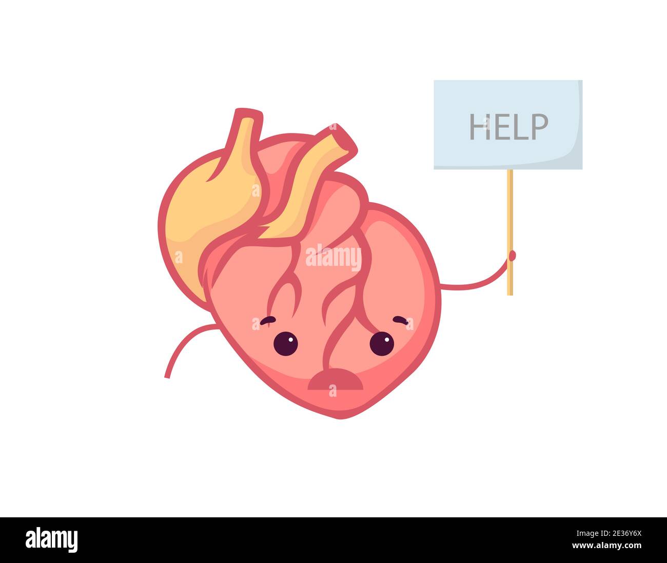 Unhealthy heart asks for help with poster. Sick yellow cardiac organ ...