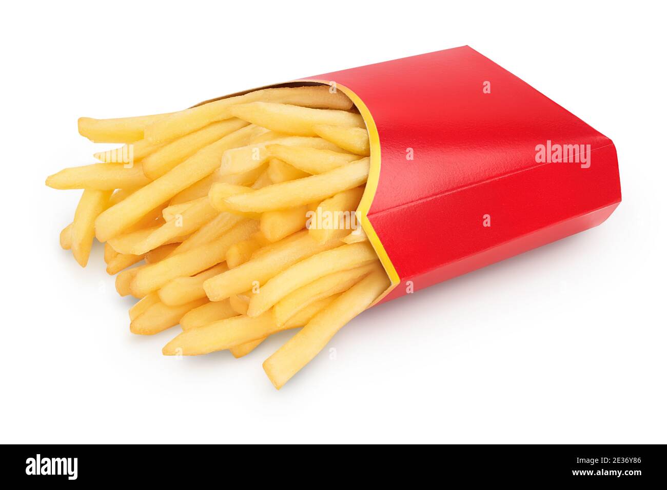 French fries or fried potatoes in a red carton box isolated on white ...