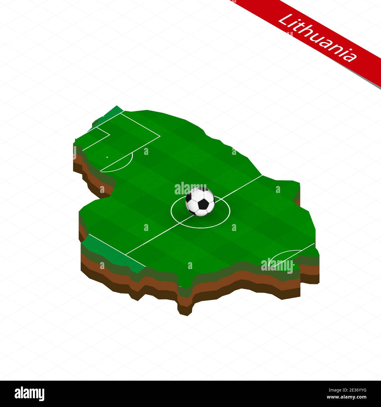 Isometric map of Lithuania with soccer field. Football ball in center ...