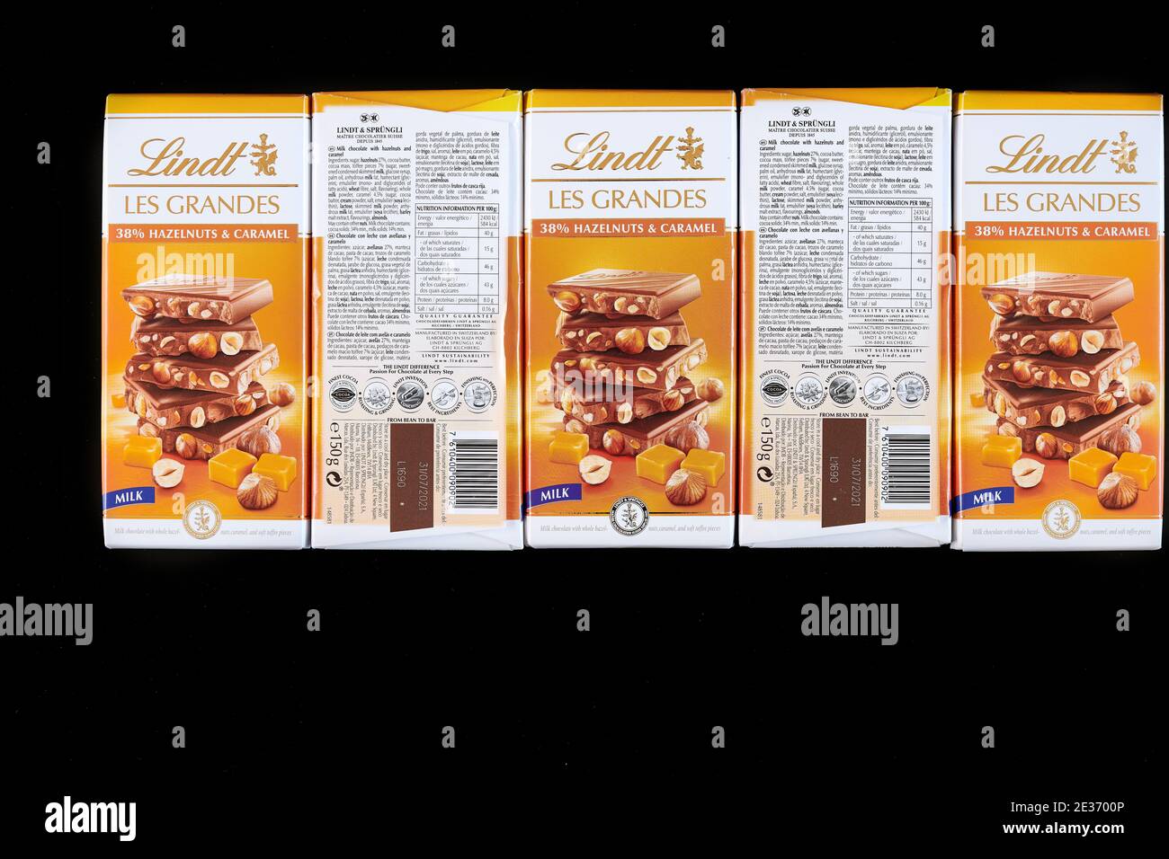 Back and front of Lindt hazelnut and caramel chocolate bars Stock Photo ...