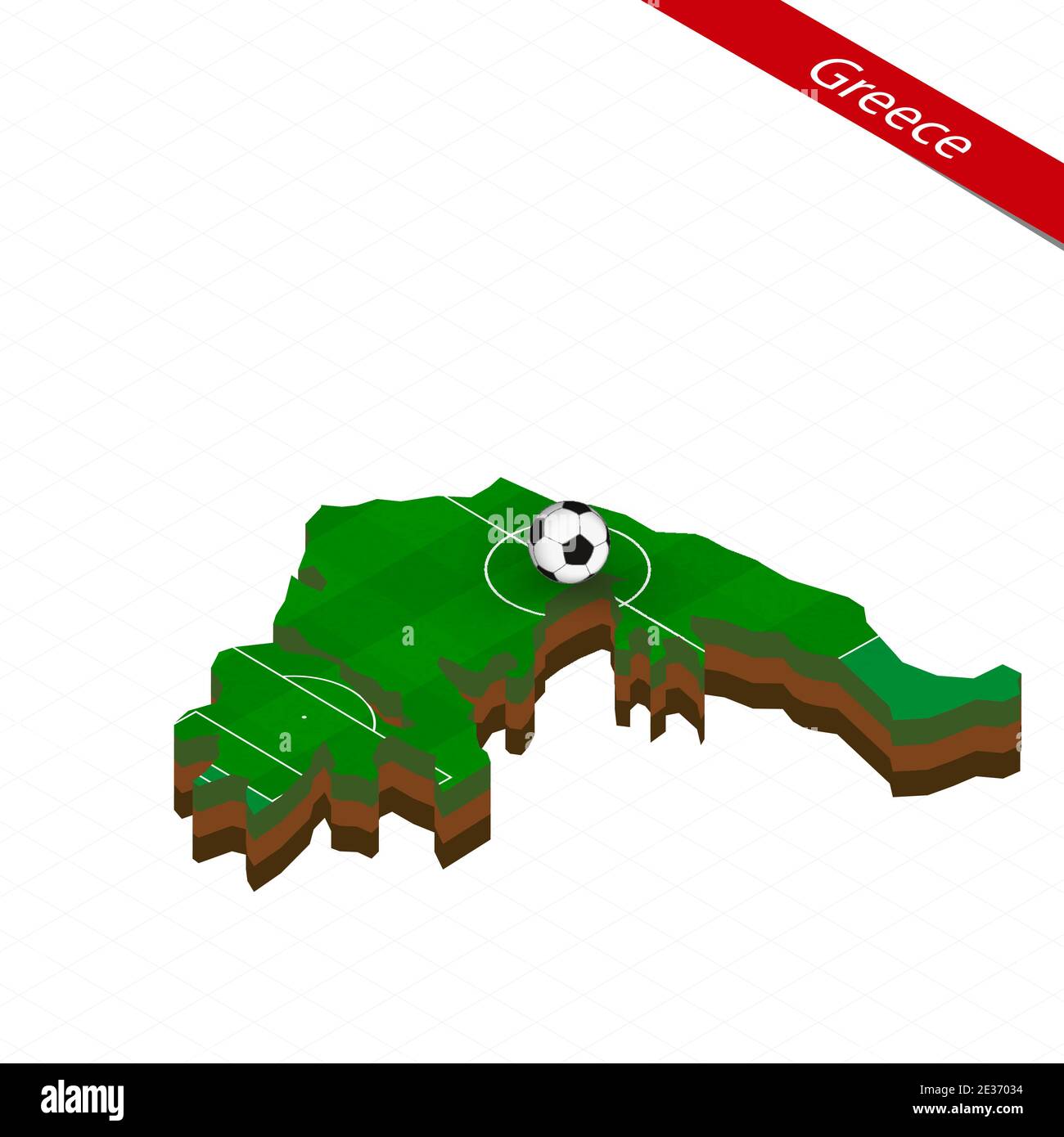 Isometric map of Greece with soccer field. Football ball in center of ...