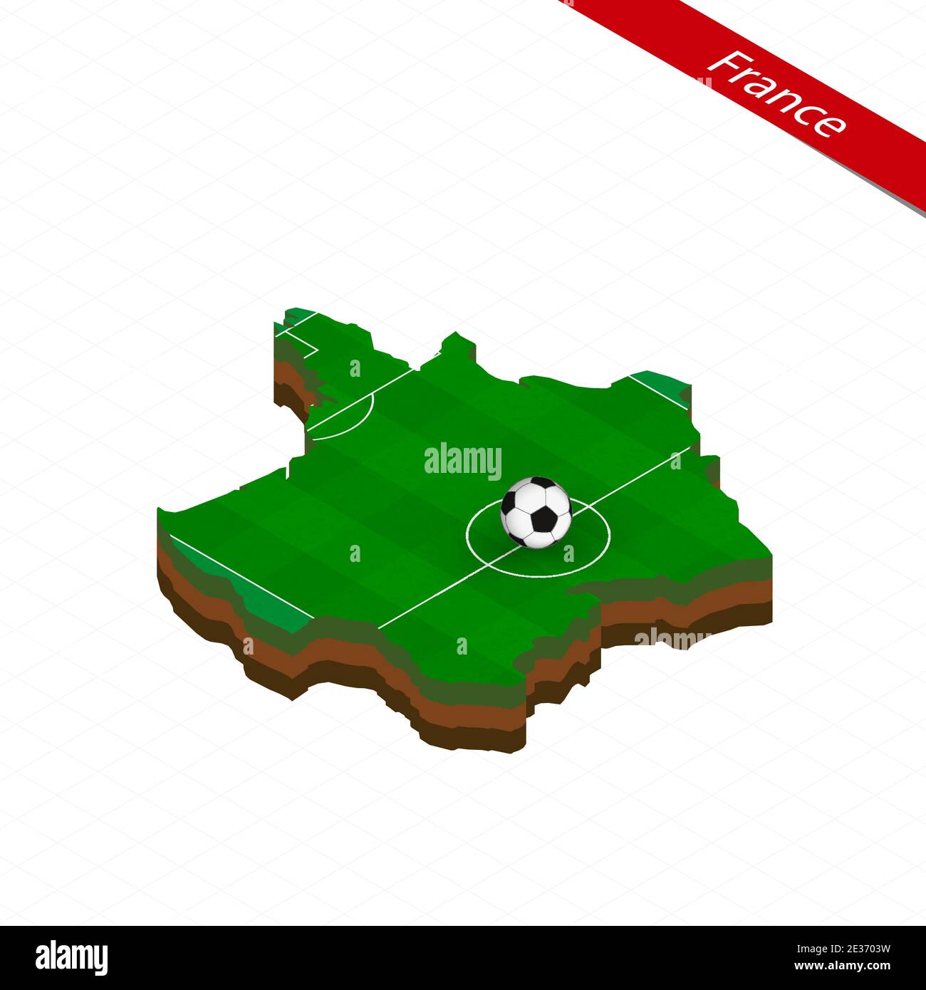 Isometric map of France with soccer field. Football ball in center of ...