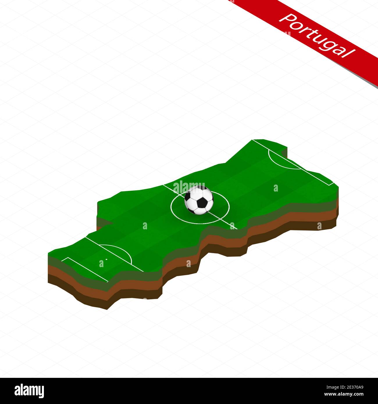Isometric map of Portugal with soccer field. Football ball in center of ...