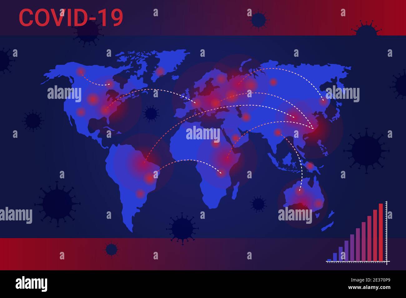 Coronavirus world map illustration. Red foci infection on continents ...