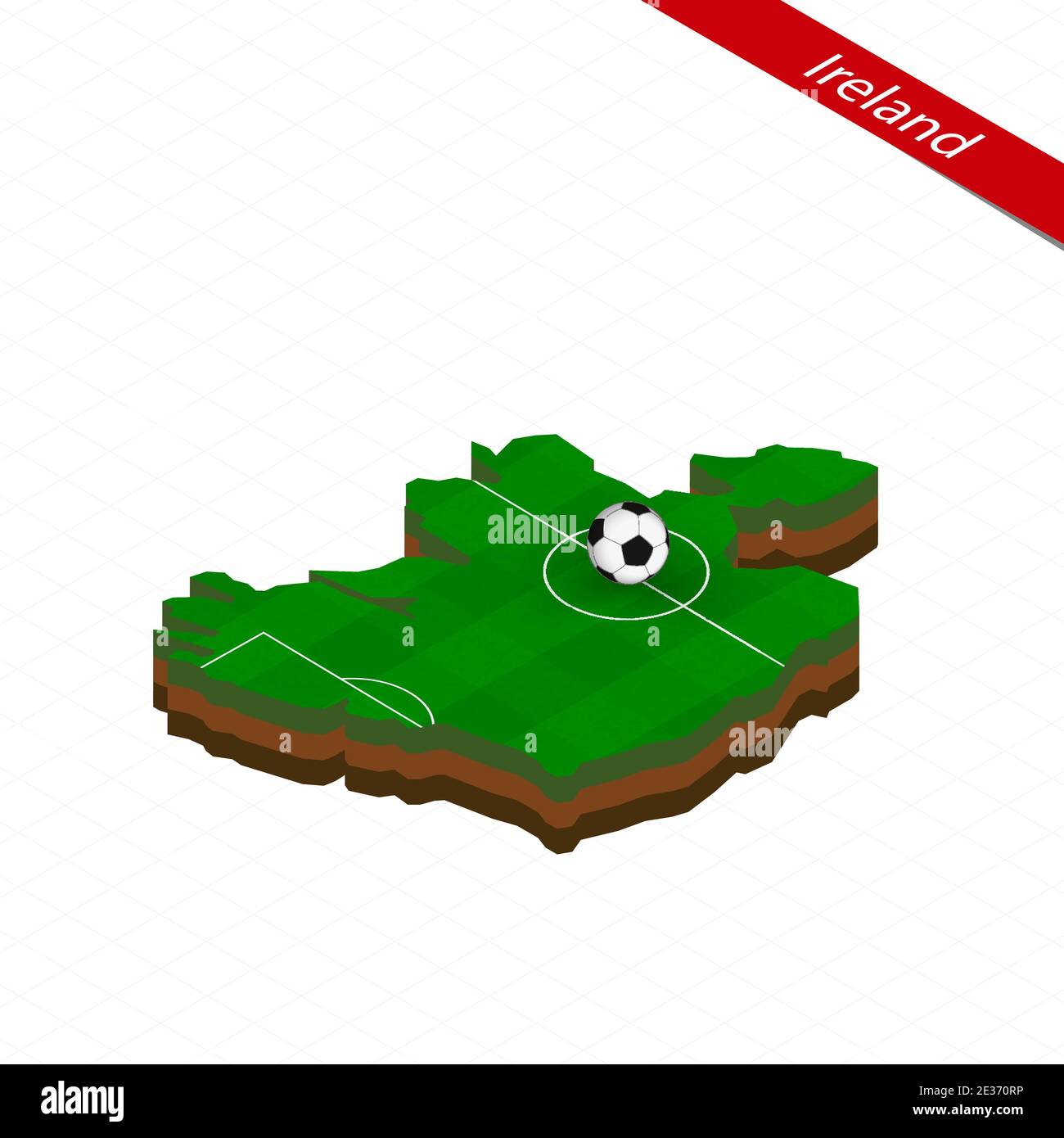 Isometric map of Ireland with soccer field. Football ball in center of ...