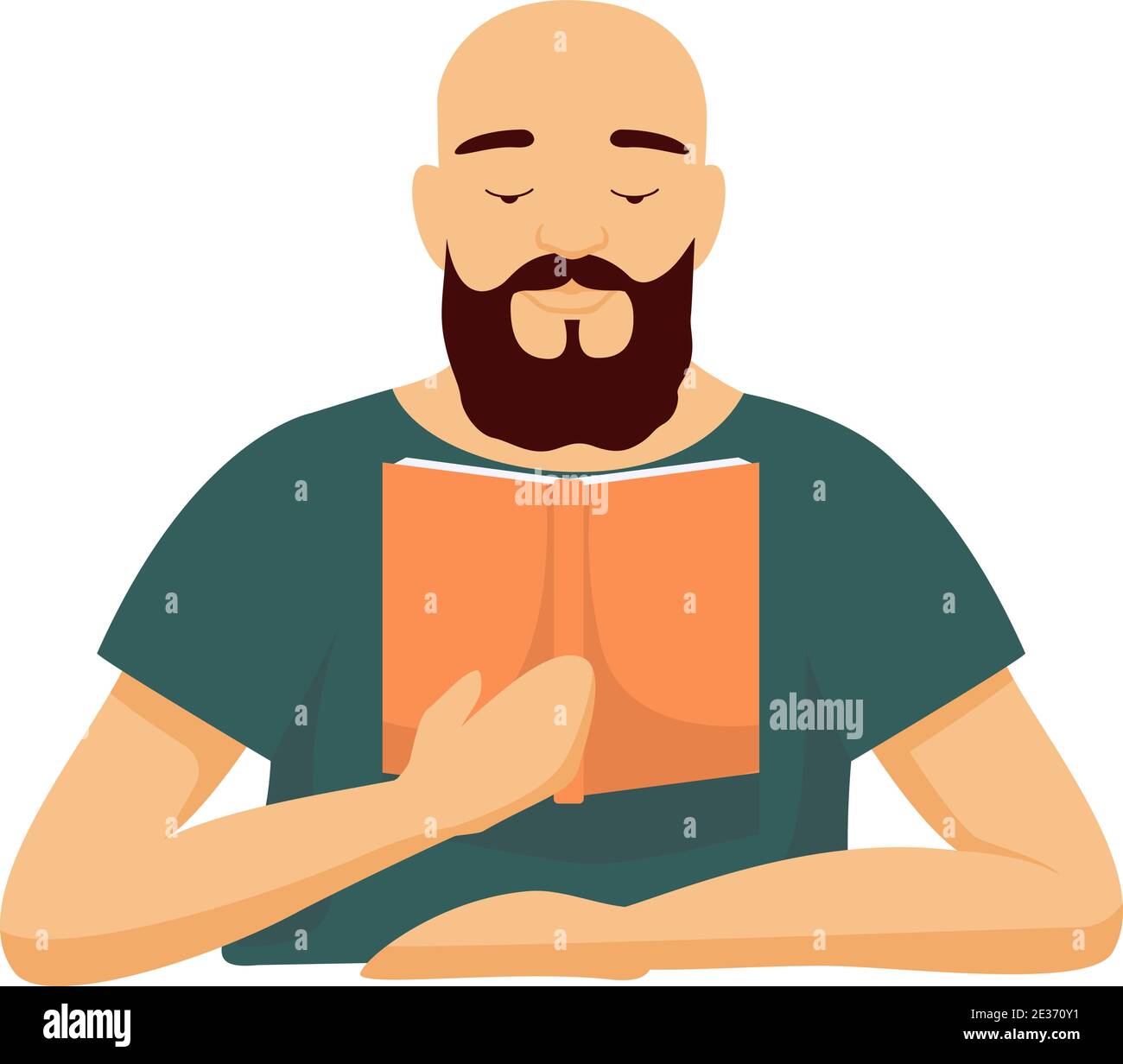 Bearded man reads book with enthusiasm. Bald male character in green ...