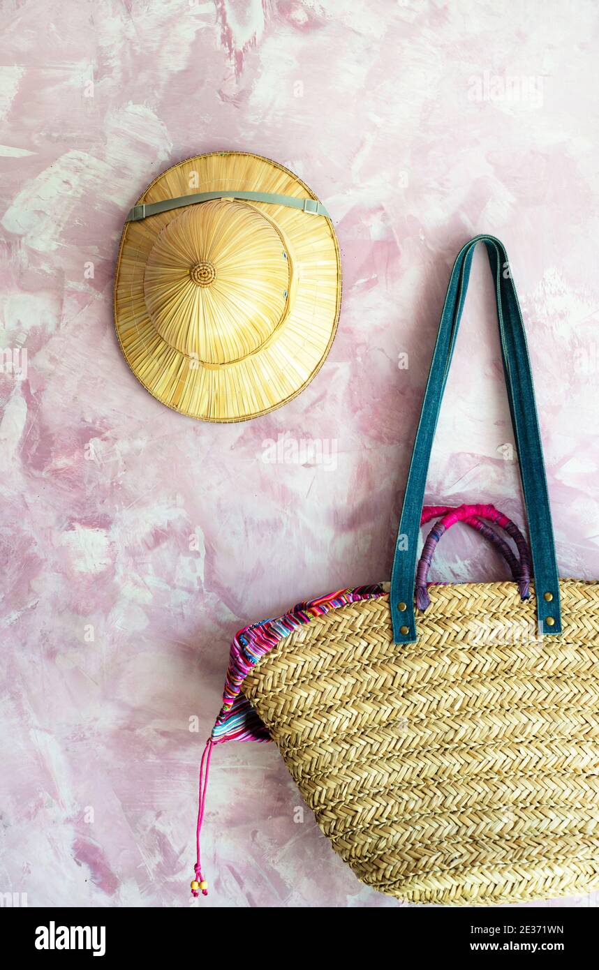Beach wicker accessories are waiting for the season. Straw colonial hat ...