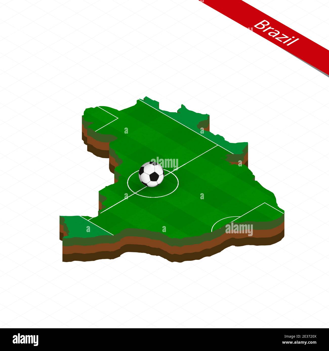 Isometric map of Brazil with soccer field. Football ball in center of ...