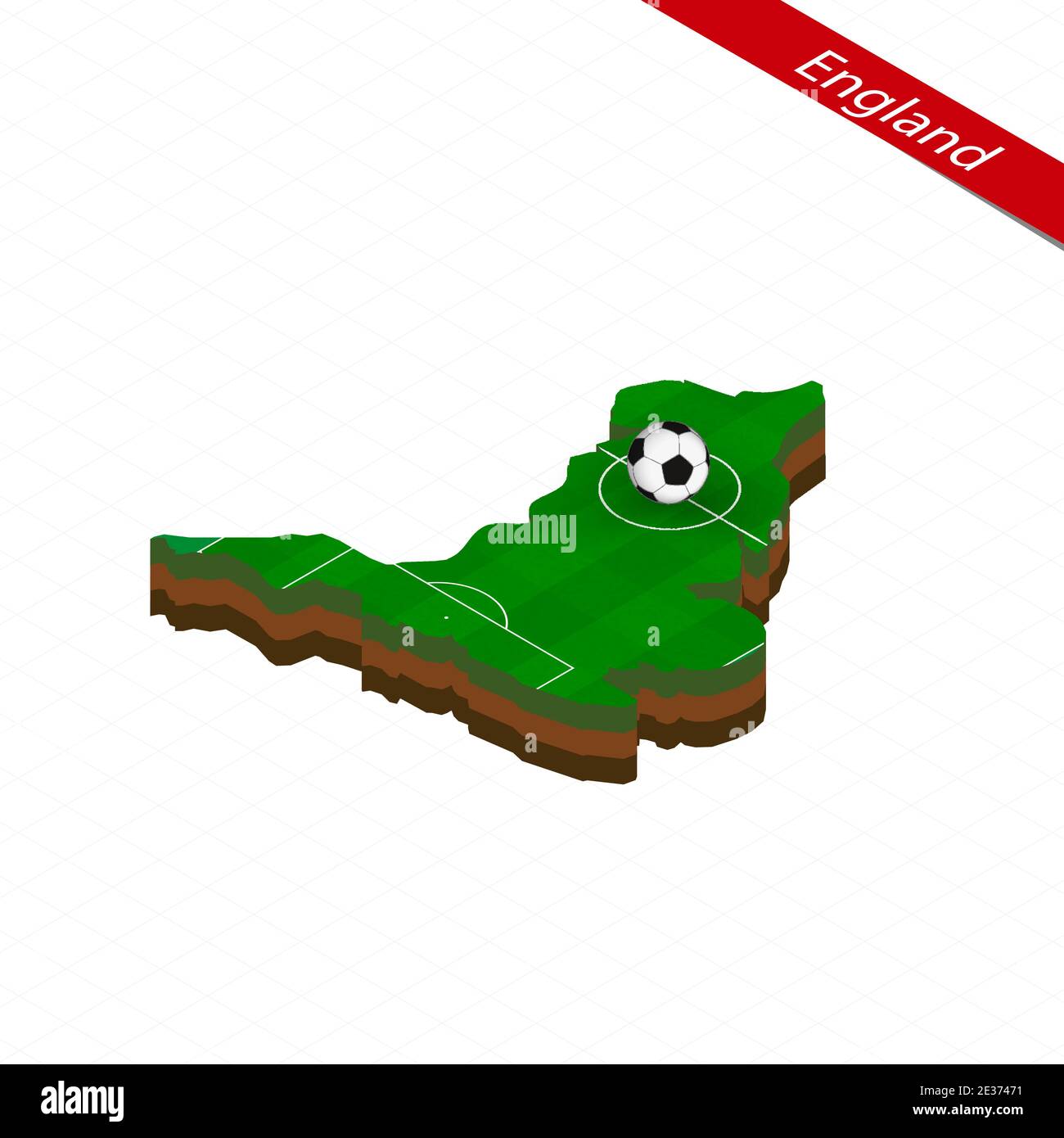 Isometric map of England with soccer field. Football ball in center of ...