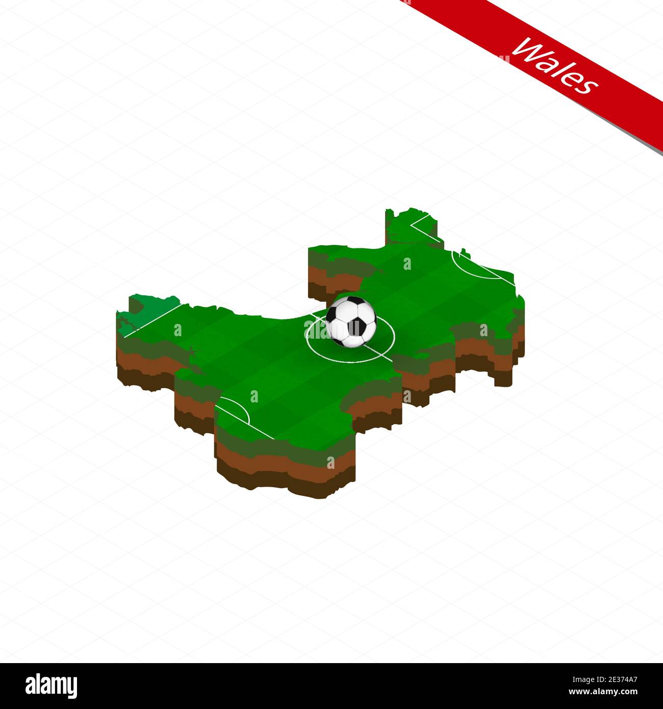 Isometric map of Wales with soccer field. Football ball in center of ...
