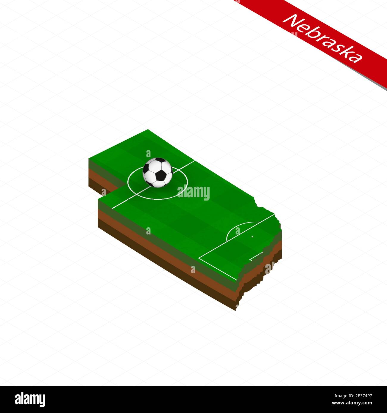 Isometric map of US state Nebraska with soccer field. Football ball in ...