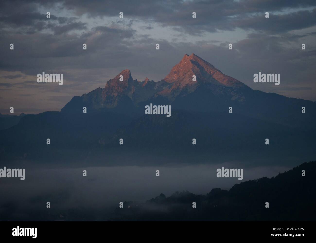 Panorama view of Watzmann alpine mountain range alpenglow from ...