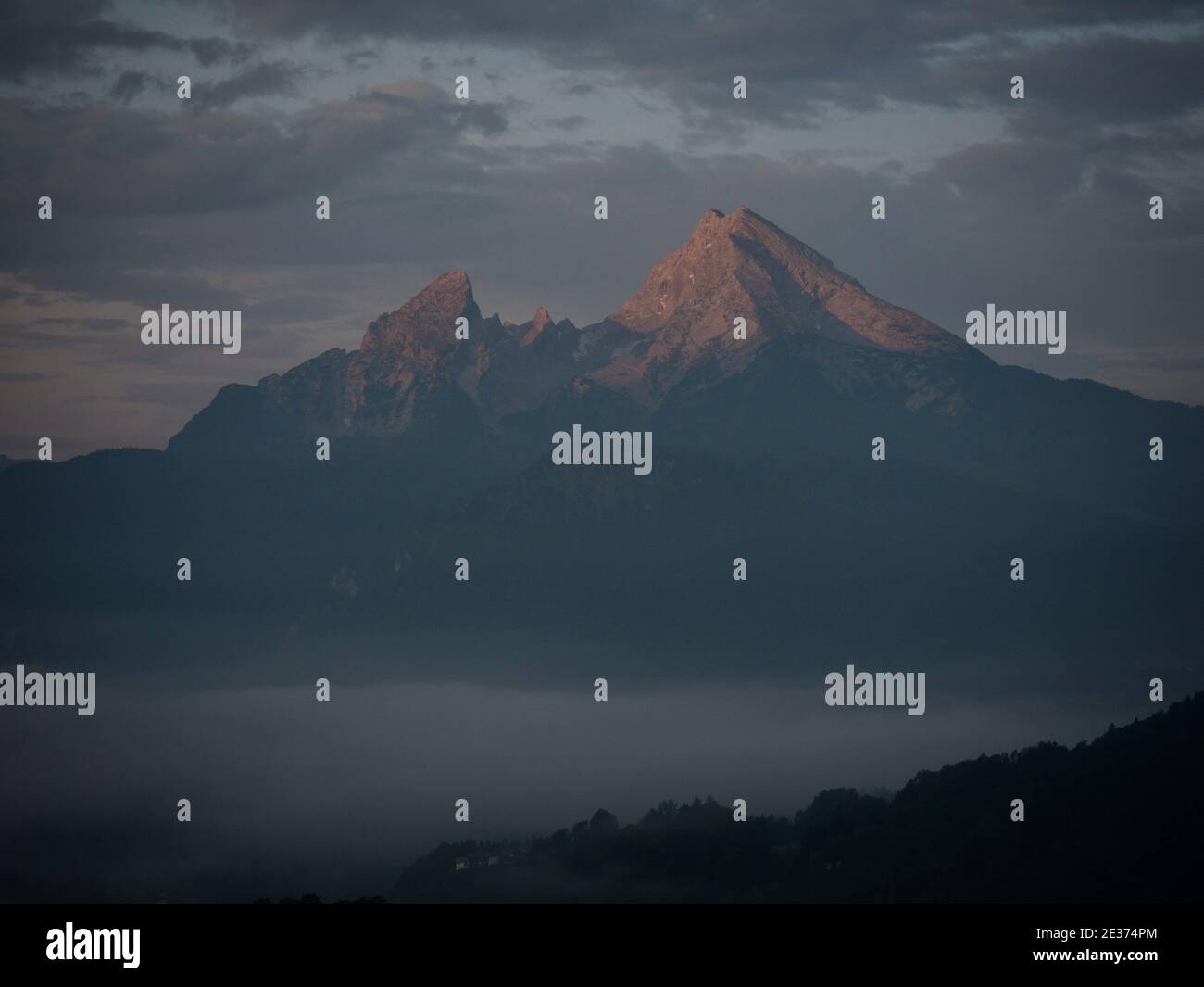 Panorama view of Watzmann alpine mountain range alpenglow from ...