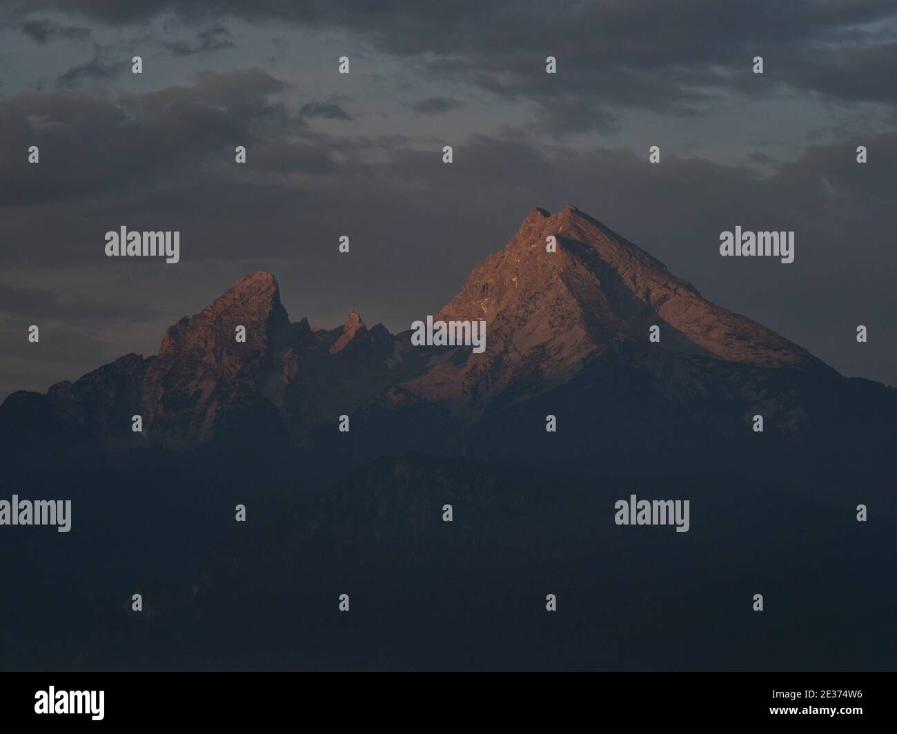 Panorama view of Watzmann alpine mountain range alpenglow from ...