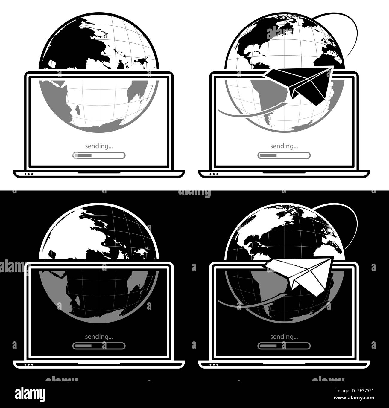 open laptop with symbol of sending email and data to internet. Sending ...