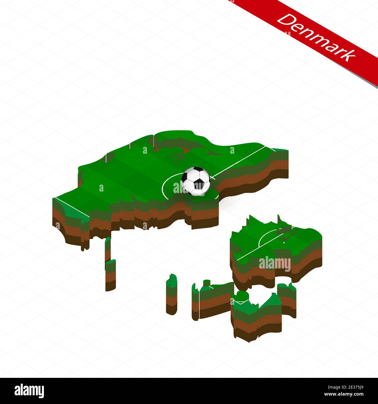 Isometric map of Denmark with soccer field. Football ball in center of ...