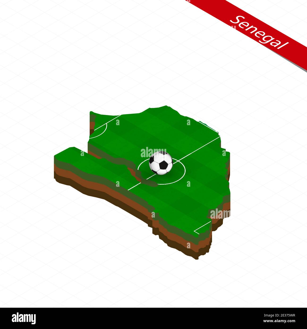 Isometric map of Senegal with soccer field. Football ball in center of ...