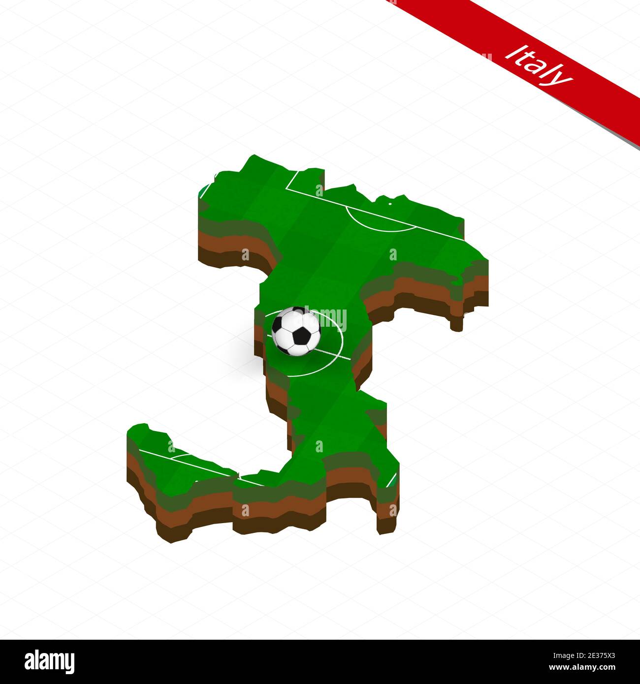 Isometric map of Italy with soccer field. Football ball in center of ...