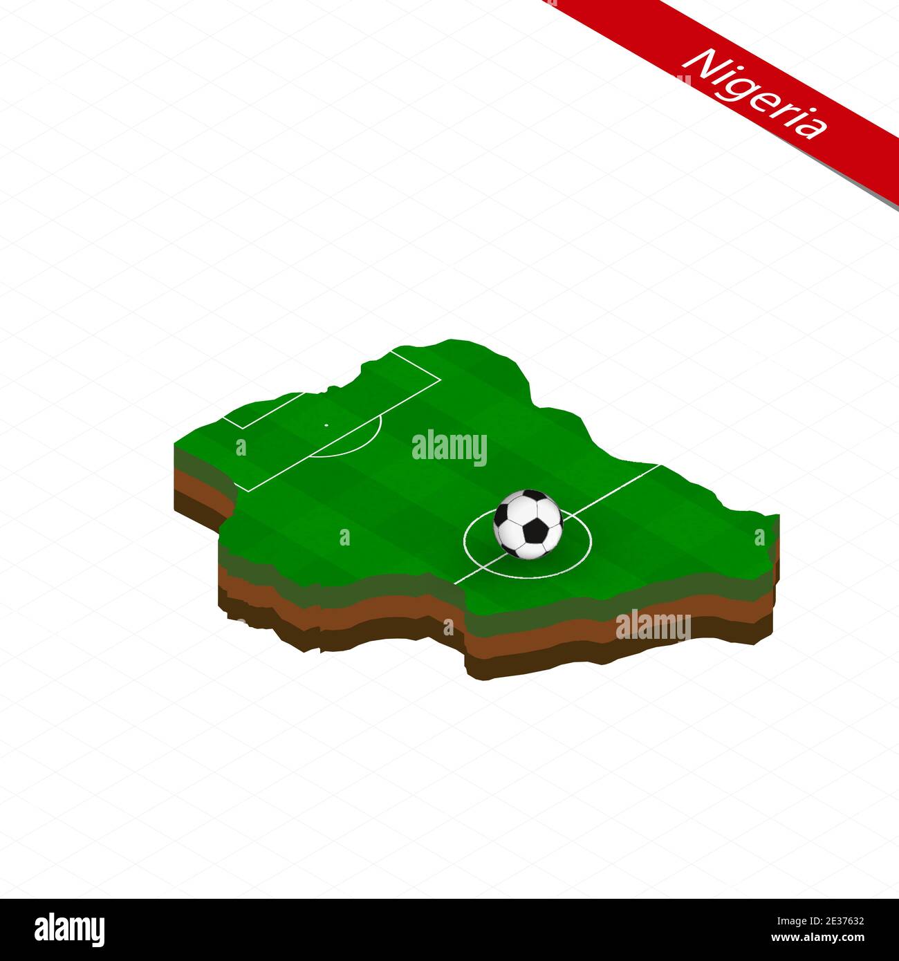 Isometric map of Nigeria with soccer field. Football ball in center of ...