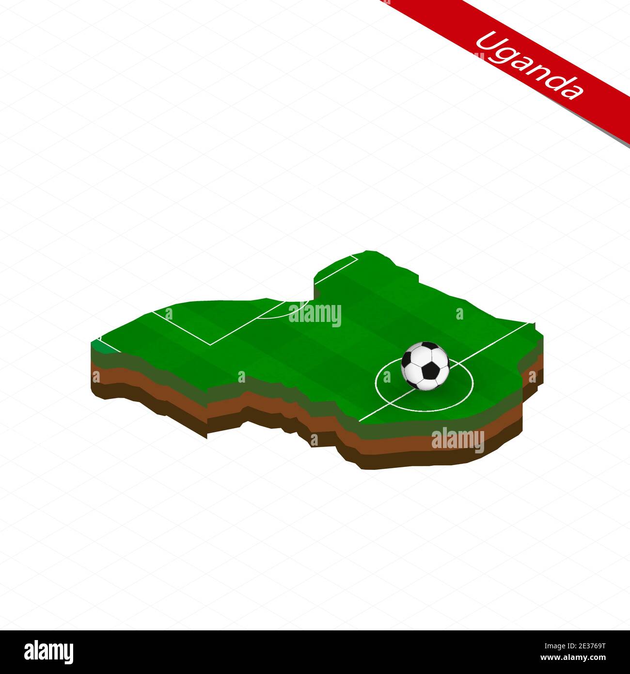 Isometric map of Uganda with soccer field. Football ball in center of ...
