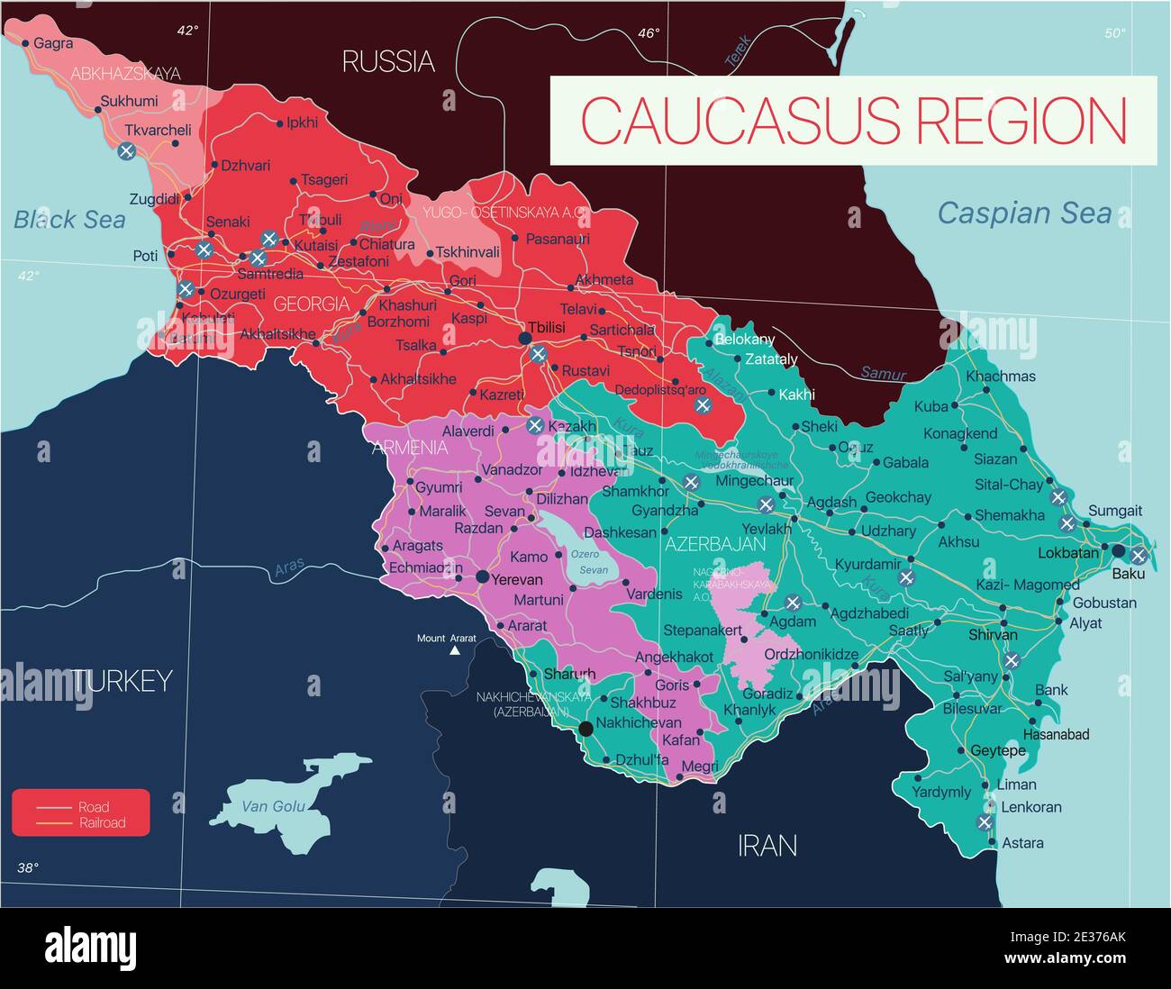 Caucasus region detailed editable map with regions cities and towns ...