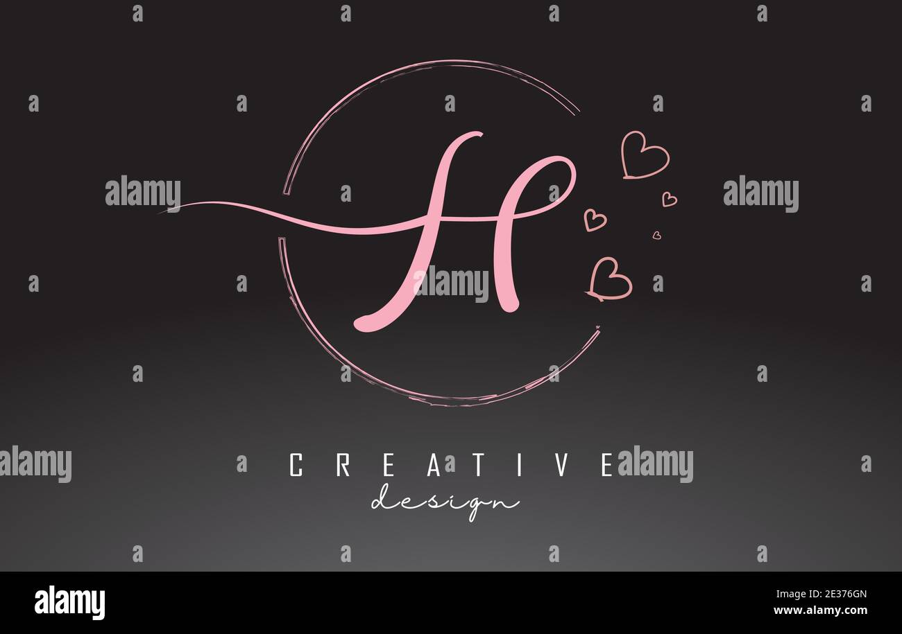 Handwritten H Letter Logo Design with Dust Pink Watercolor Ring and ...