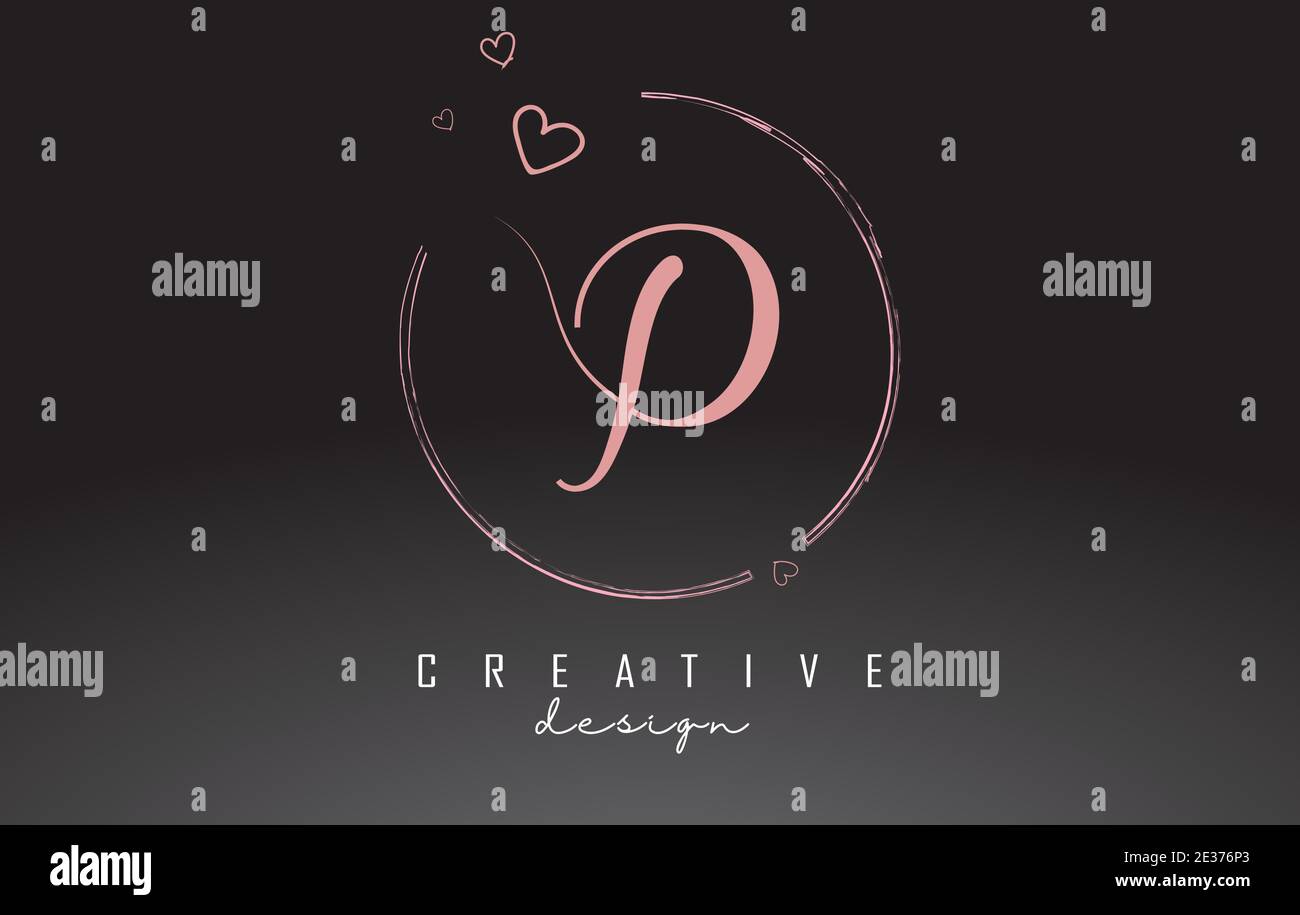 Handwritten P Letter Logo Design with Dust Pink Watercolor Ring and ...