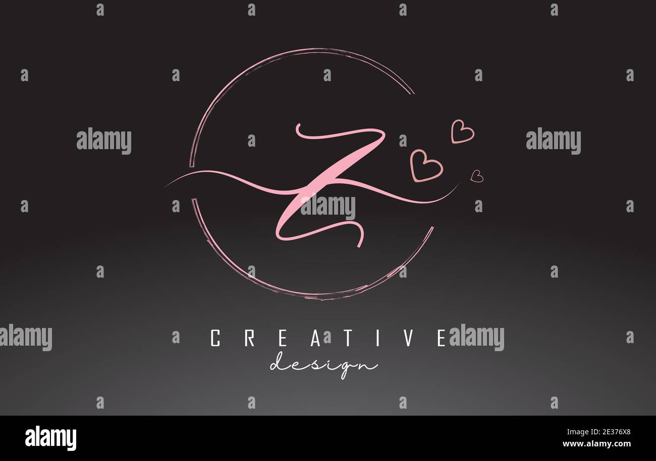 Handwritten Z Letter Logo Design with Dust Pink Watercolor Ring and ...
